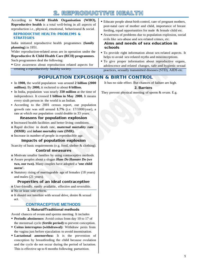 Reproductive Health Note | PDF | Birth Control | Sexually Transmitted ...