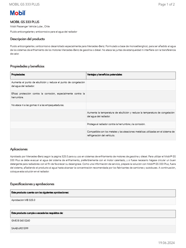 Mobil GS 333 Plus: Anticongelante para Mercedes | PDF | Transferencia ...