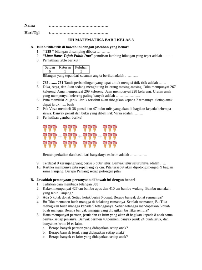 UH MTK KELAS 3 bab 1 bu uswa | PDF