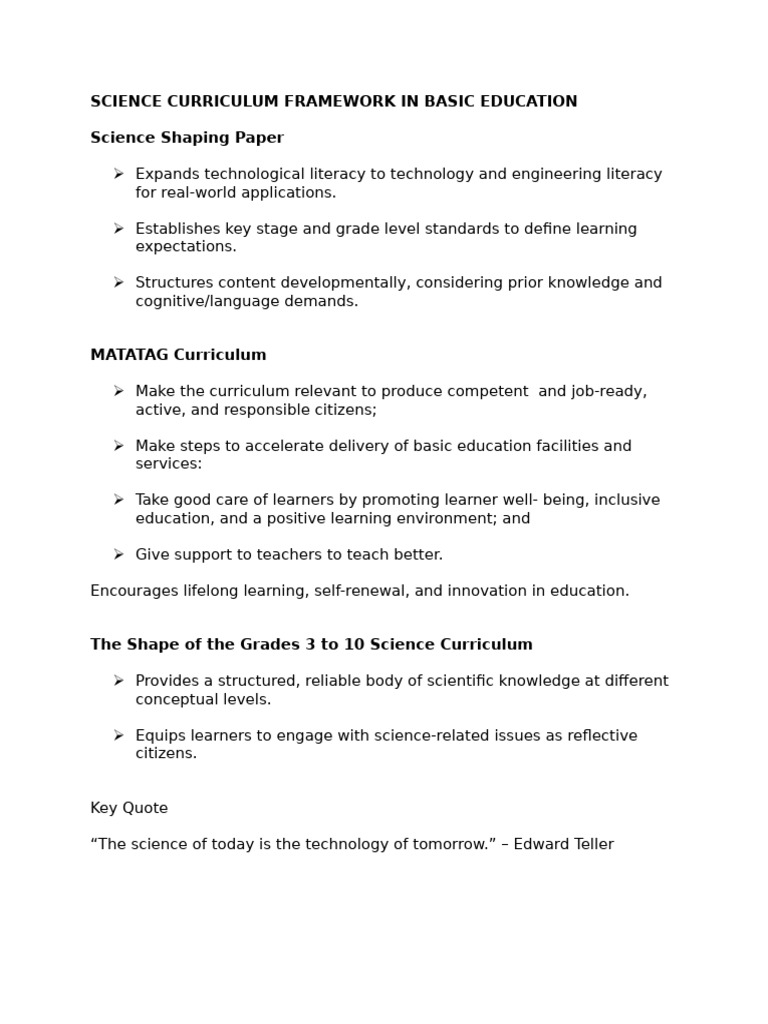 Dacuya Handout in Science Curriculum Framework in Basic Education | PDF