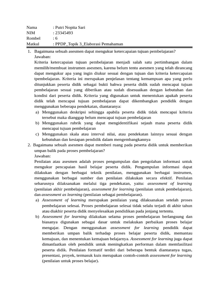 Putri Nopita Sari - PPDP - Topik 3 - Elaborasi Pemahaman | PDF