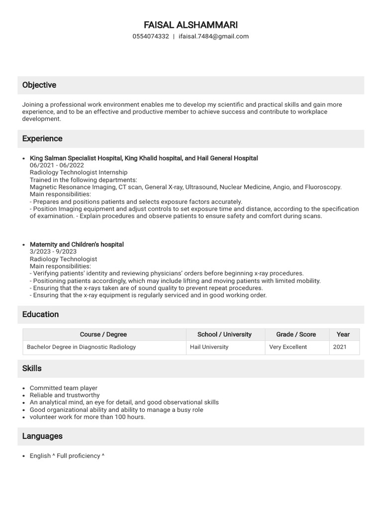 Radiology Technologist Resume Summary | PDF