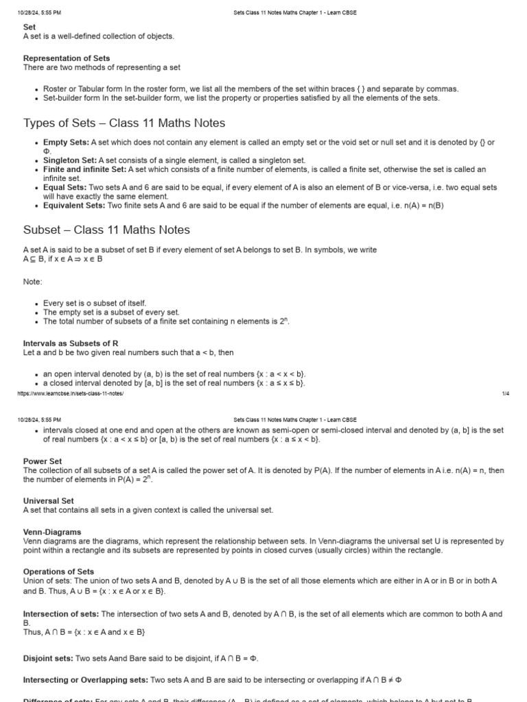 Class 11 Maths: Sets Overview | PDF | Set (Mathematics) | Mathematical ...