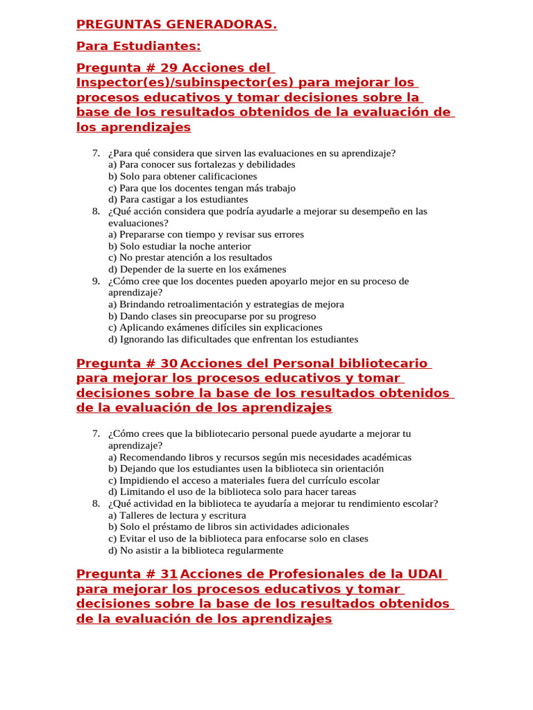 Preguntas Generadoras-Estudiantes | PDF | Evaluación | Enseñando