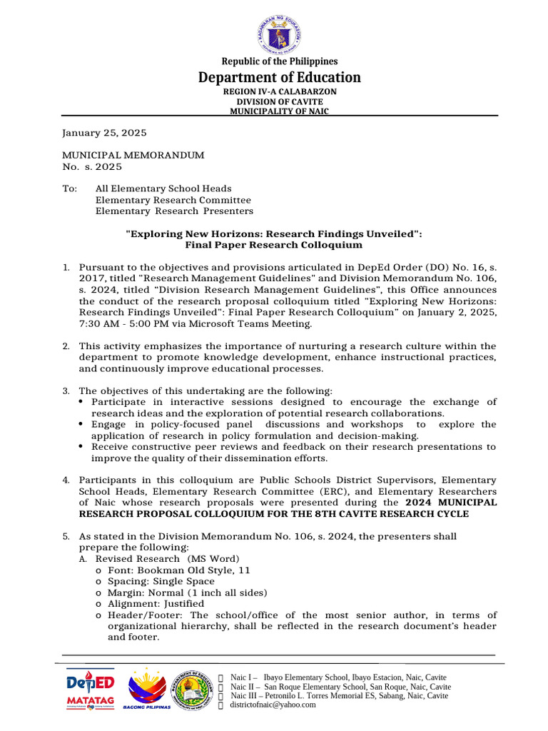 Naic Elementary Research Colloquium 2025 | PDF | Cognition | Learning