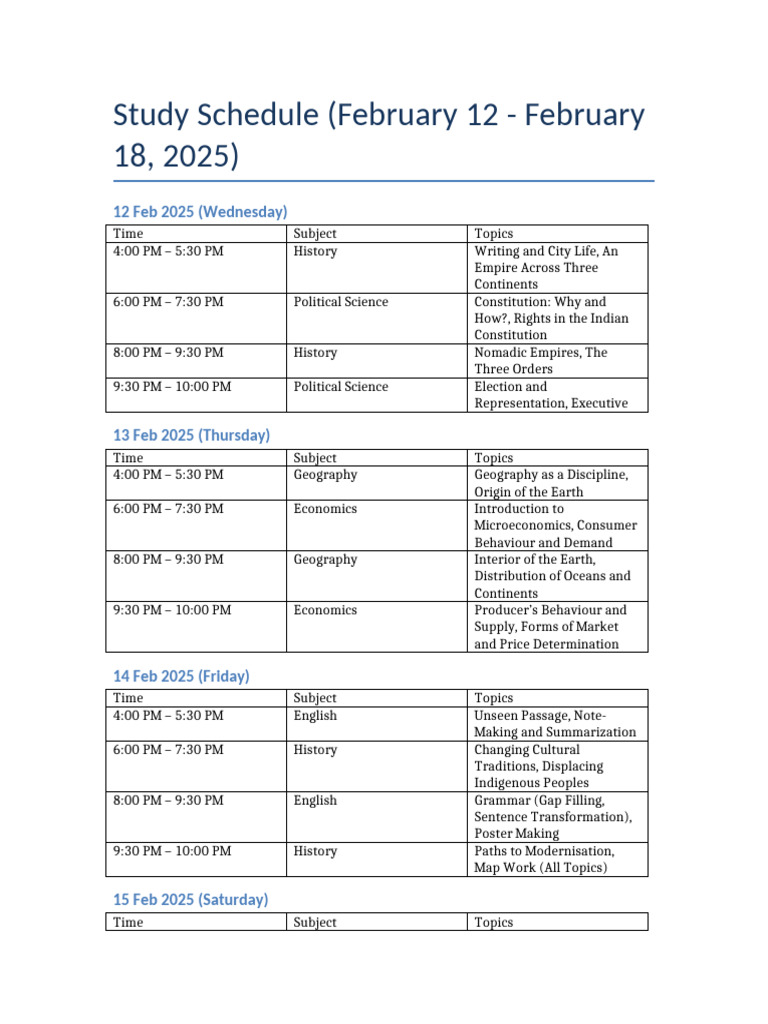Study Schedule Timings Subjects Syllabus | PDF | Geography | Earth Sciences