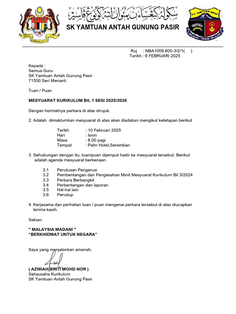 Mesyuarat Kurikulum SK Yamtuan Antah | PDF