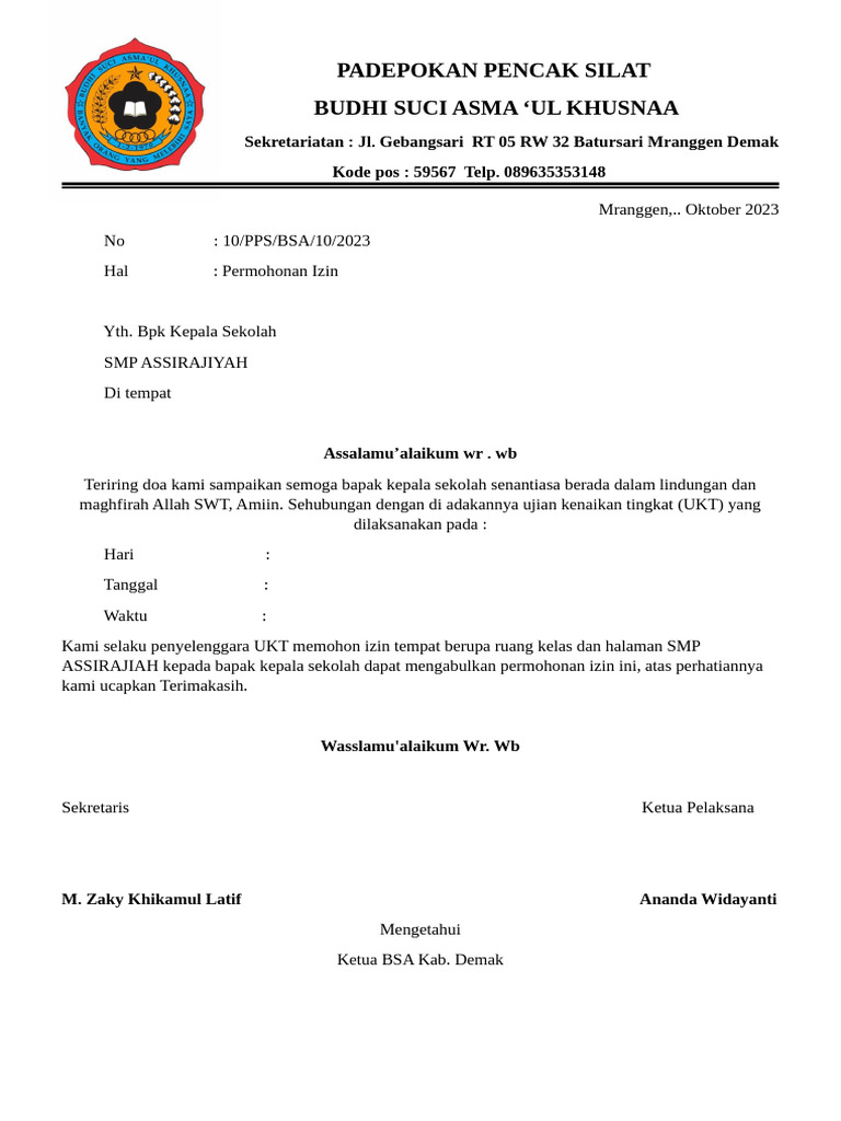 Surat Izin BSA Kpl. Sekolah | PDF