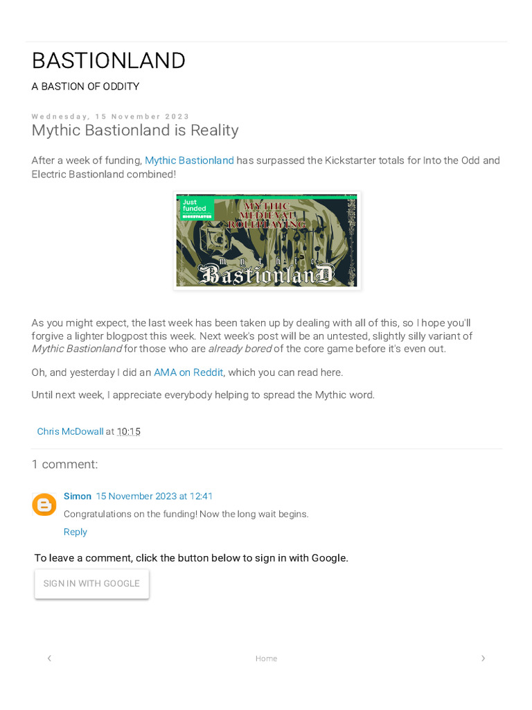 Mythic Bastionland Kickstarter Success | PDF