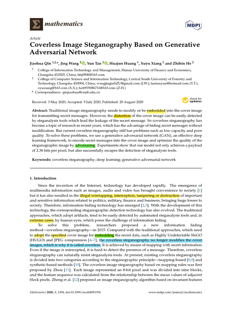 Dt21coverless Image Steganography Based On Generative Adversarial Network Pdf Applied