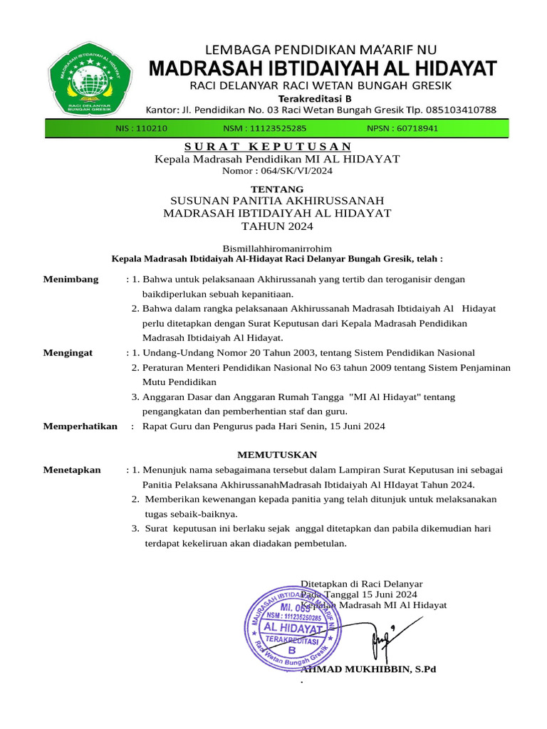 Susunan Panitia Akhirussanah 2024 MI Al Hidayat | PDF