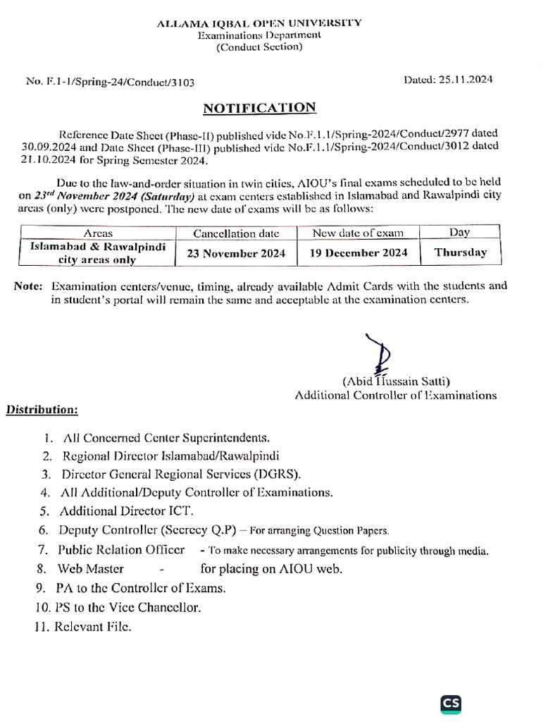Notification for Postponed Papers of 23 November 2024 in Rwp City and ...