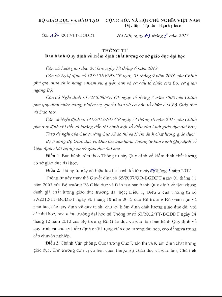 03tt 12.2017.tt - BGDDT Quy Dinh KDCL CSGD DH | PDF