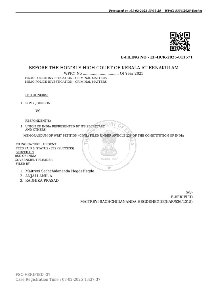WP (C) 5356/2025 - Romy Johnson Case File High Court of Kerala ...