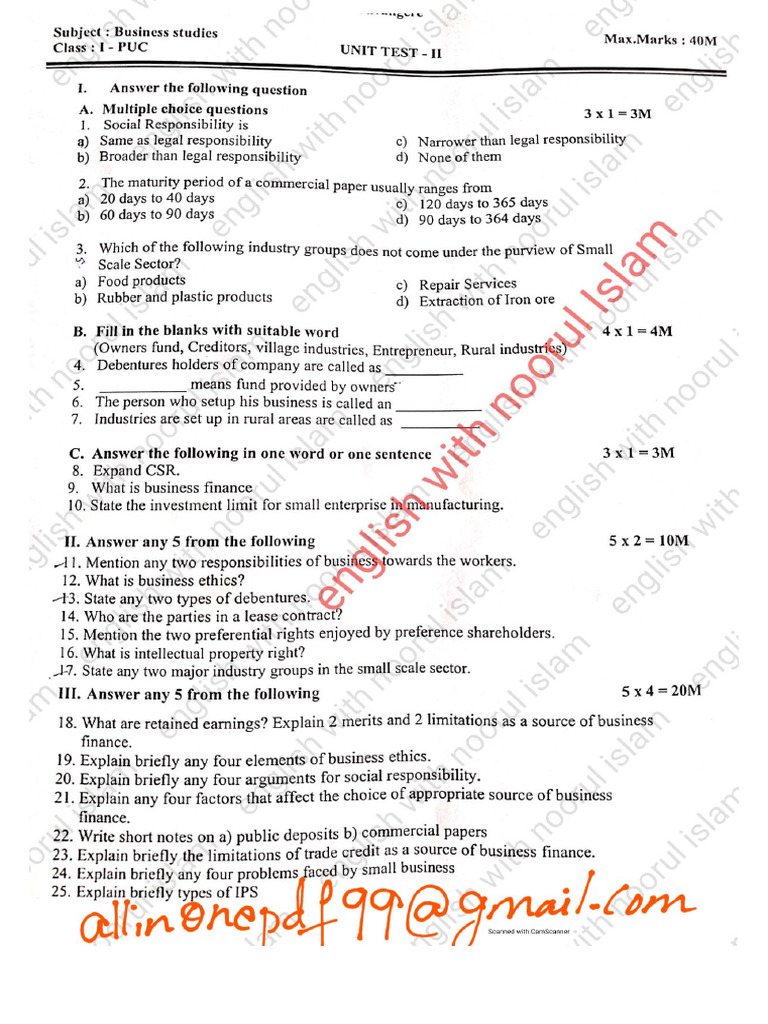 1puc Business Studies PJ Unit Test-2 | PDF