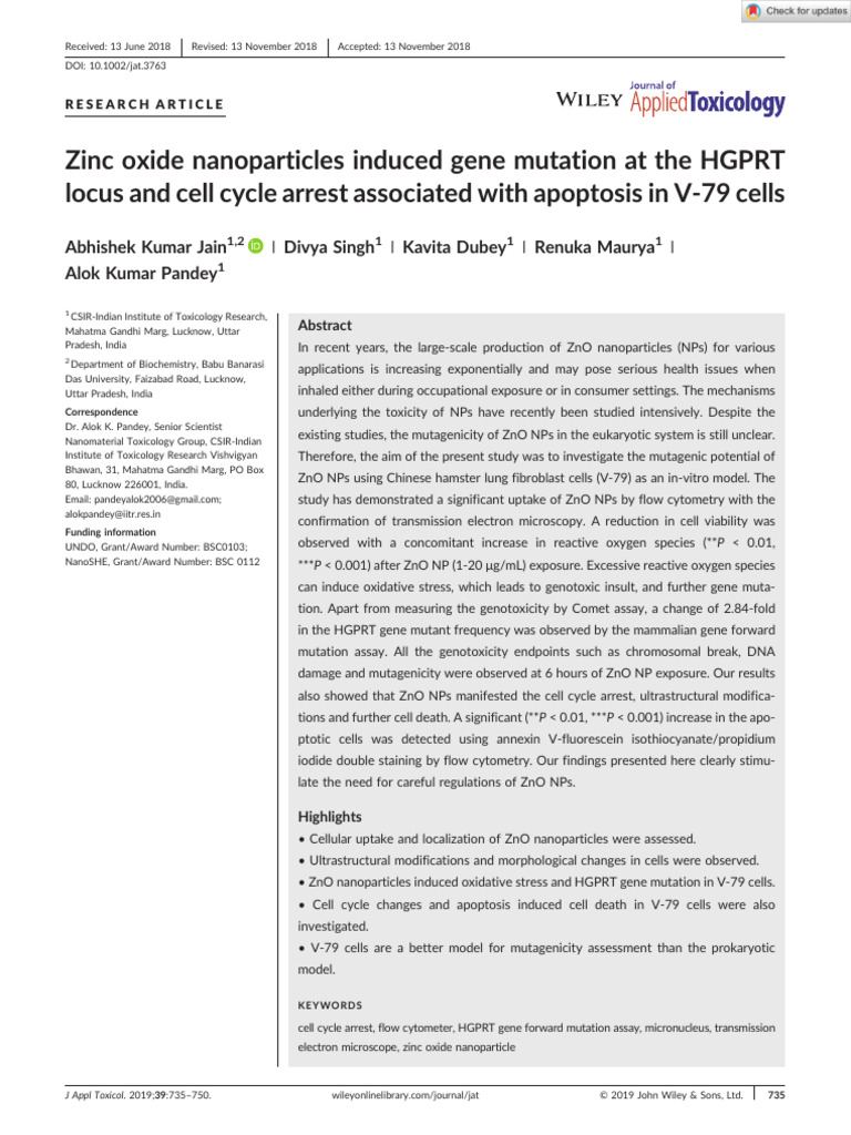 Jain Et Al. - 2019 - Zinc Oxide Nanoparticles Induced Gene Mutation at the HGPRT Locus and Cell ...
