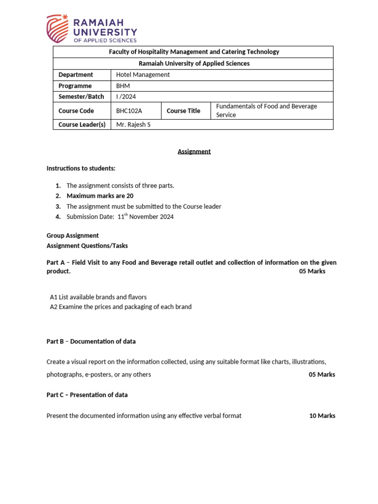 BHM Food & Beverage Service Assignment | PDF
