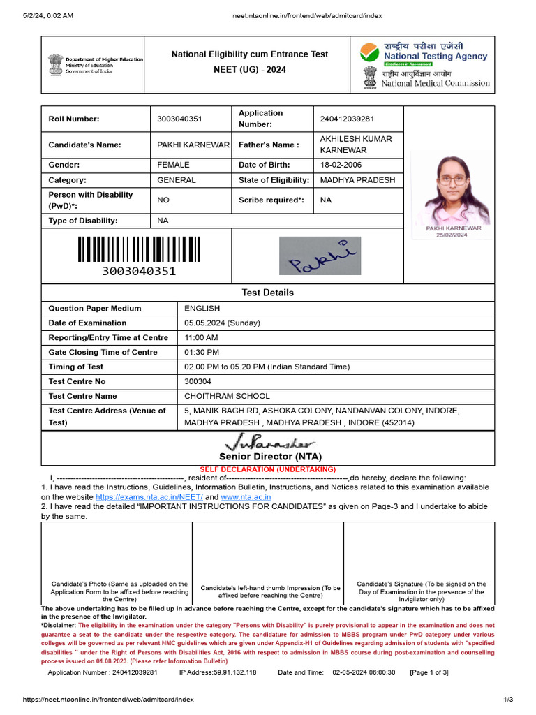 Neet - Ntaonline.in Frontend Web Admitcard Index | PDF | Identity Document