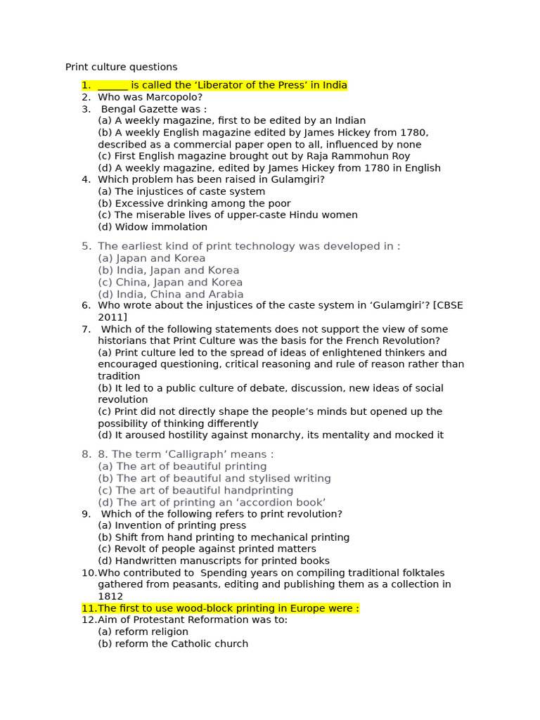 Print Culture and History Quiz | PDF | Books | Manuscript