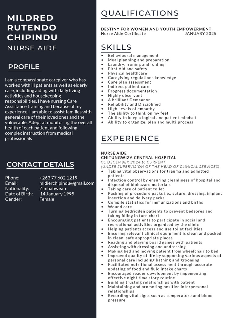 Mildred Rutendo Chipindu CV | PDF | Nursing | Patient