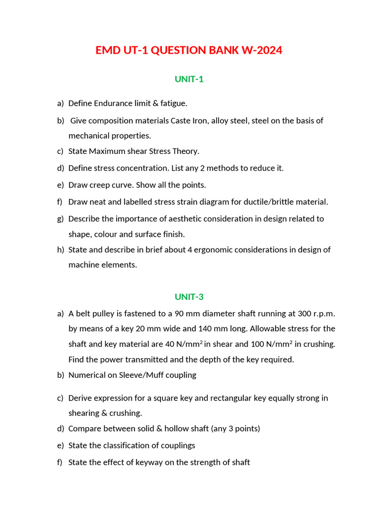 EMD UT-1 Question Bank W-2024 | PDF