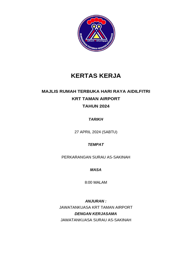 Kertas-Kerja-Jamuan-Aidilfiri KRT Taman Airport | PDF