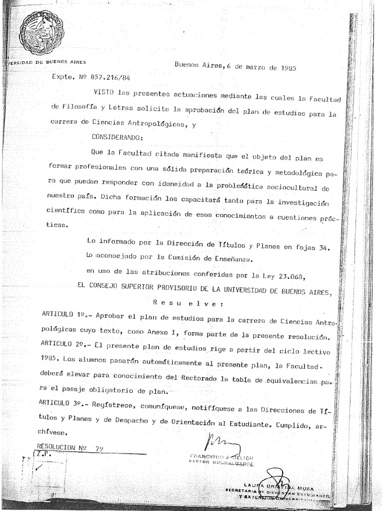 1985 Plan de Estudios Cs Antrop 01 Res CS 79-1985 (Aprobacion Plan) | PDF