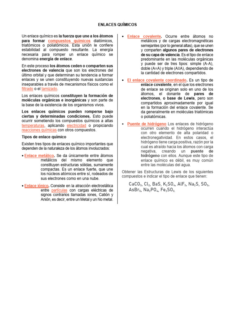 Tipos de Enlaces Químicos Explicados | PDF | Enlace químico ...