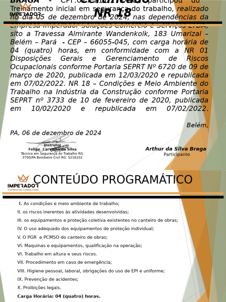 CERTIFICADO NR 18(1) | PDF