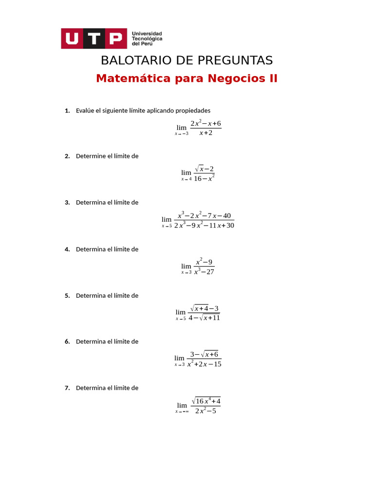 Balotario de Preguntas Mate Neg II - Verano | PDF