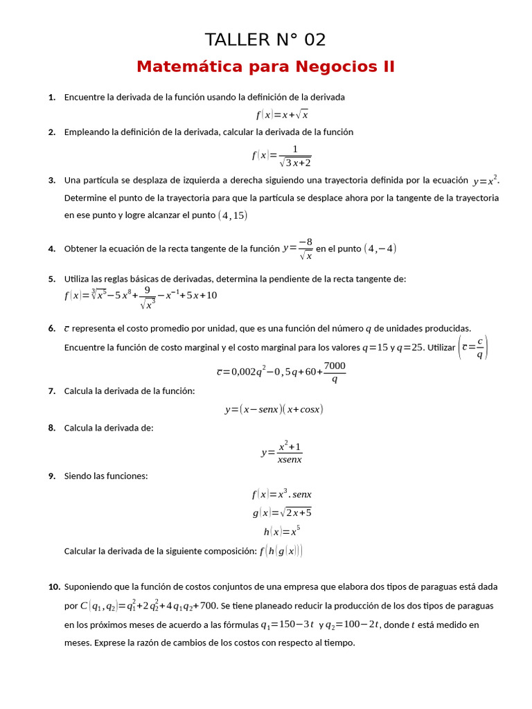 2DO TALLER - BALOTARIO DE PREGUNTAS Mate Neg II | PDF | Derivado | Función (Matemáticas)