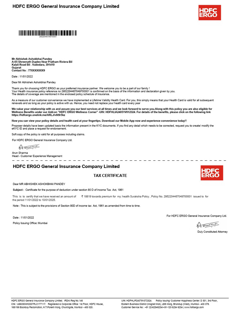 HDFC ERGO Health Insurance Policy Confirmation | PDF | Insurance | Financial Services