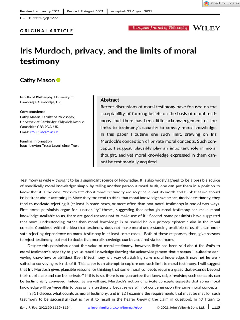 European J of Philosophy - 2021 - Mason - Iris Murdoch Privacy and The ...