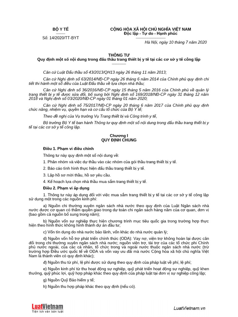 Thong Tu 14 2020 TT Byt Noi Dung Dau Thau Trang Thiet Bi y Te Tai Co So y Te | PDF