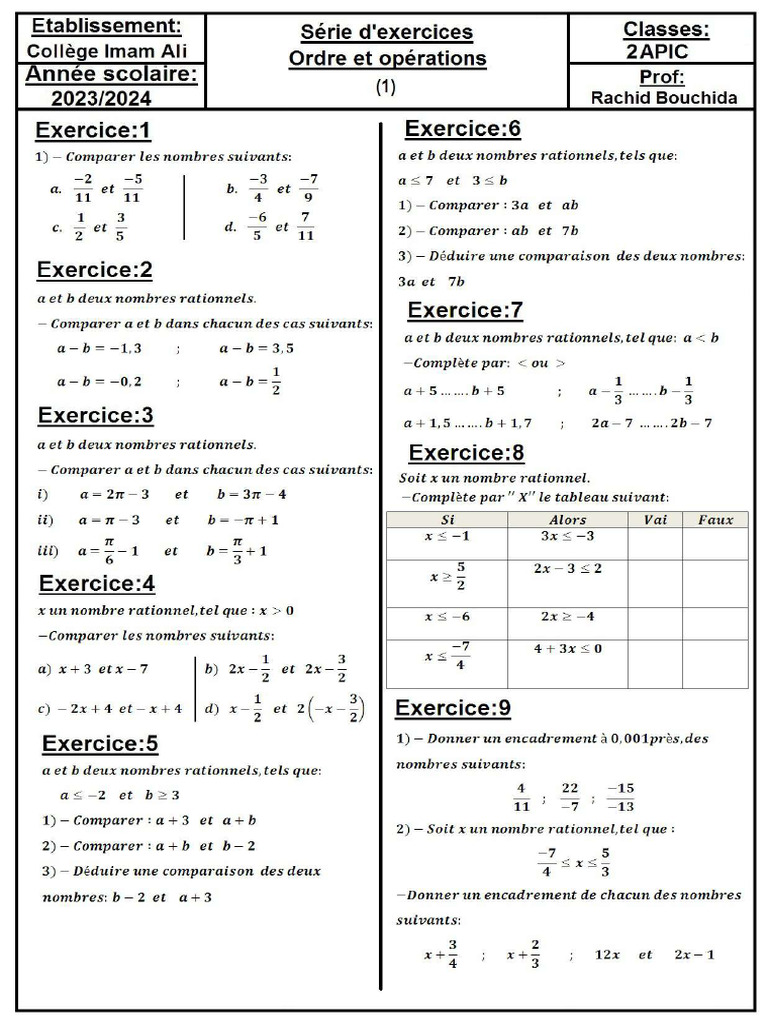 Série 1 D'exercices - Ordre Et Opérations - 2APIC | PDF