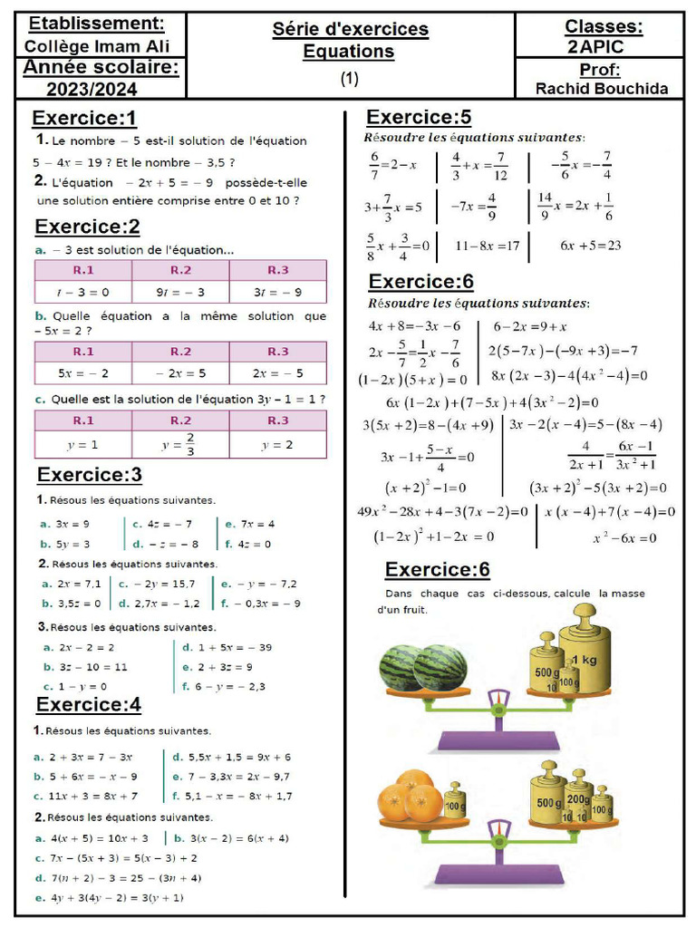 Série 1 D'exercices Equation Du Premier Degré À Une Inconnue - 2APIC | PDF