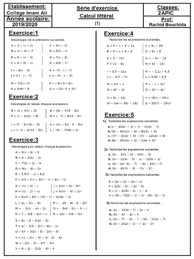 Série 1 D'exercice - Calcul Littéral - 2APIC | PDF