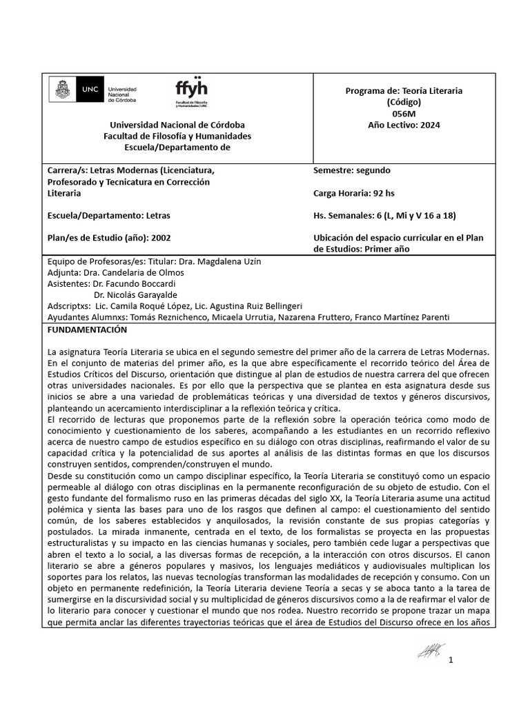 2024 TEORIA LITERARIA PROGRAMA.docx (1) | PDF | Teoría literaria | Autor