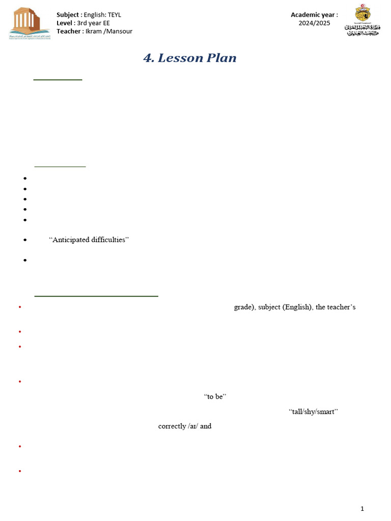 Lesson Plan Notes 20241 1 | PDF | Educational Assessment | Lesson Plan