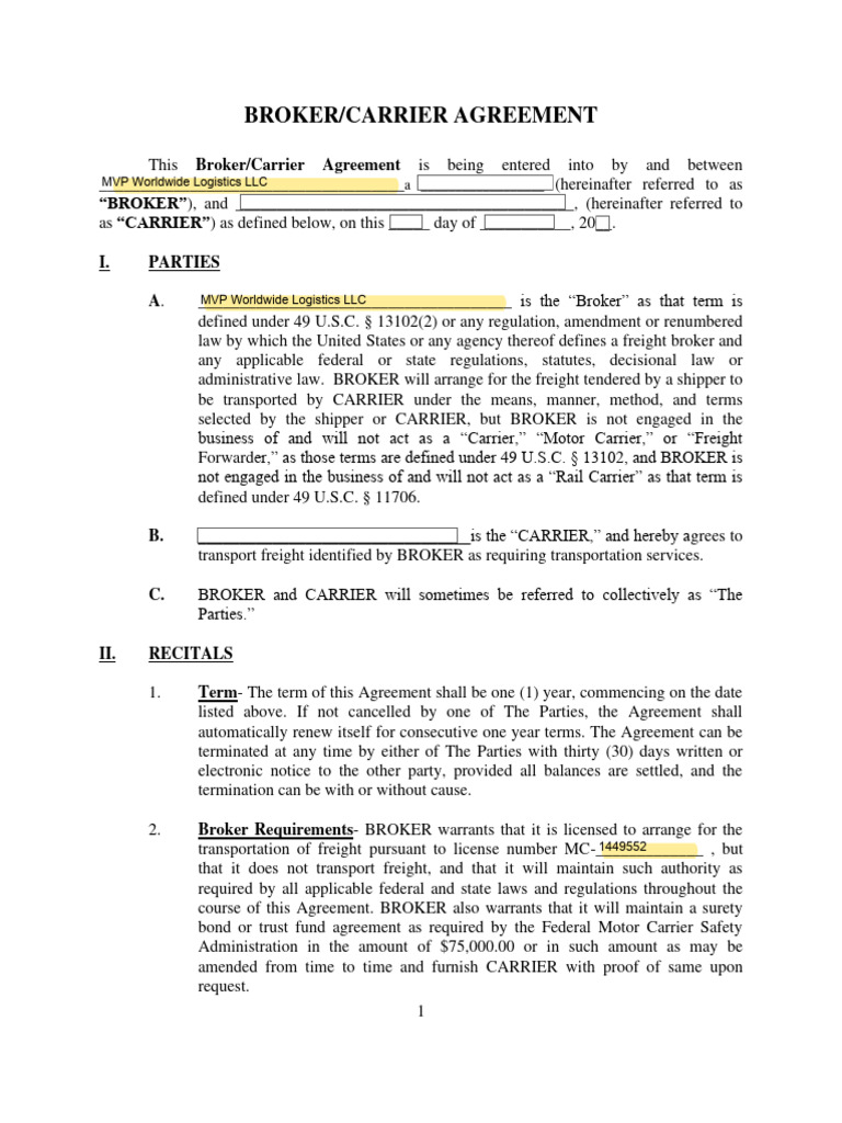 Broker/Carrier Agreement Terms | PDF | Cargo | Indemnity