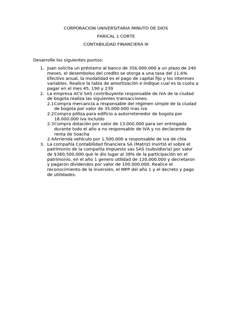 Parrcial I Contabilidad Financiera III | PDF