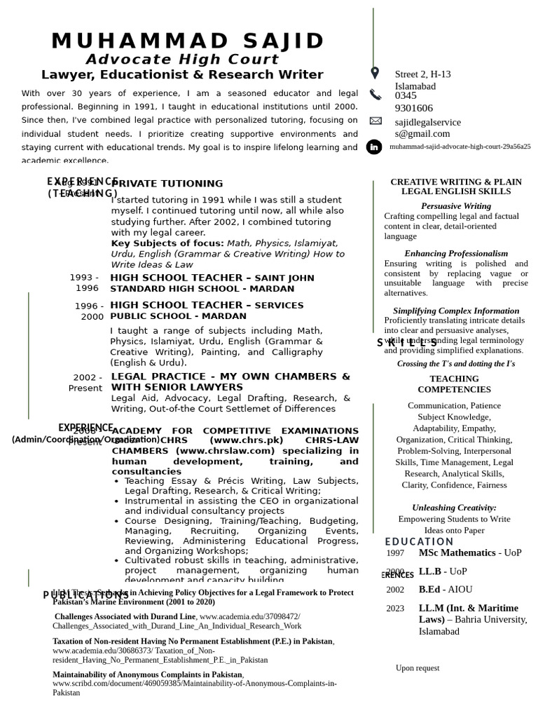 M SAJID Teaching CV 15.05.24 | PDF | Teachers | Learning