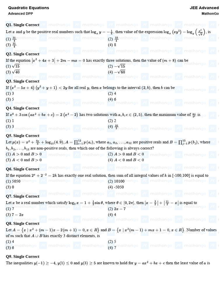 Quadratic Equations - Advanced | PDF | Zero Of A Function ...