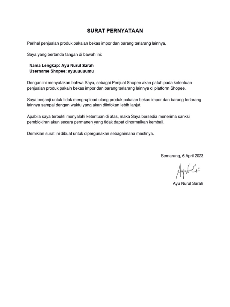 Surat Pernyataan Shopee Ayuuuuuumu | PDF