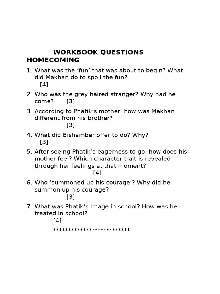 Homecoming Workbook Questions Analysis | PDF