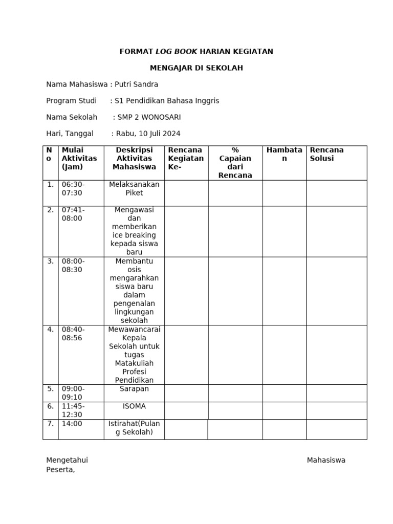 Log Book Kegiatan Mengajar SMP 2 | PDF
