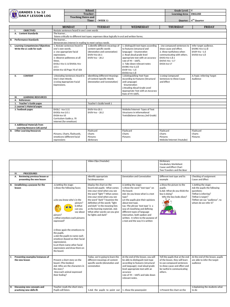 Grade 5 DLL English 5 Q4 Week 1 | PDF | Linguistics | Human Communication