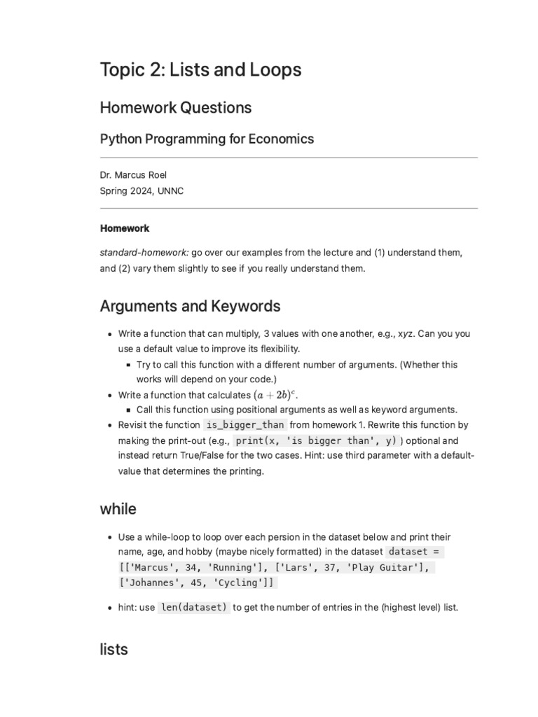 Python Lists and Loops Homework Guide | PDF | Function (Mathematics) | Software Engineering