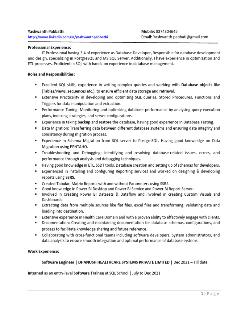 Yashwanth - 3.4years - Database Developer | PDF | Databases | Postgre Sql
