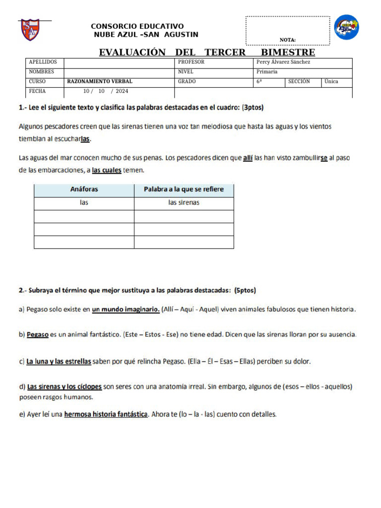 Examen Raz Verbal 6to grado | PDF